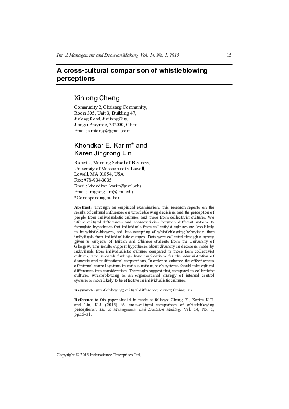 Pdf A Cross Cultural Comparison Of Whistleblowing Perceptions Khondkar Karim