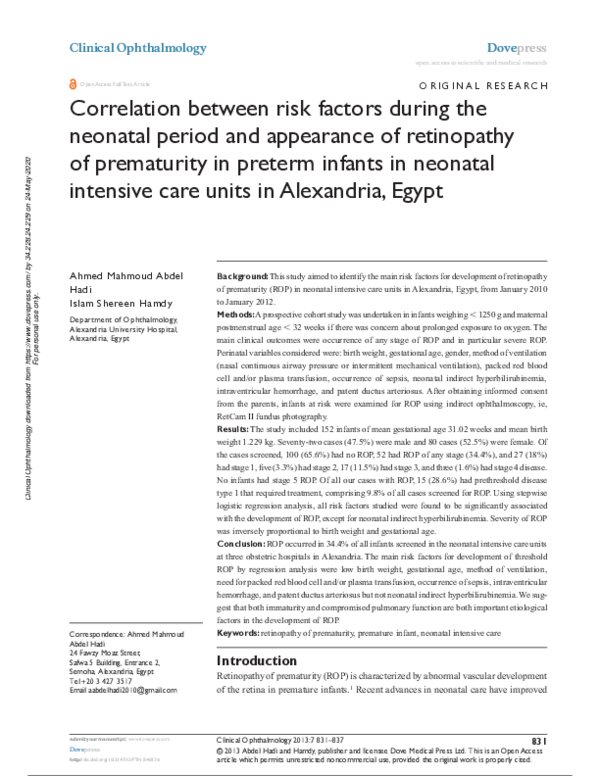 (PDF) Correlation between risk factors during the neonatal period and ...