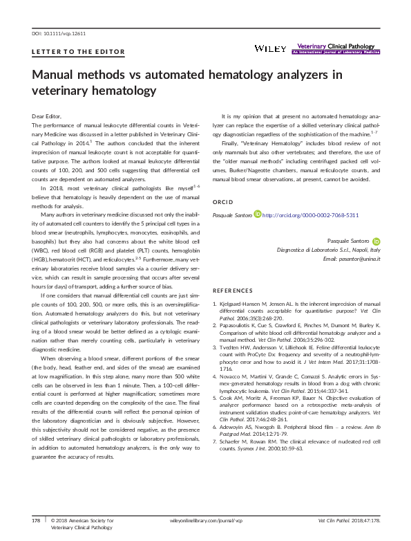 (PDF) Manual methods vs automated hematology analyzers in veterinary ...