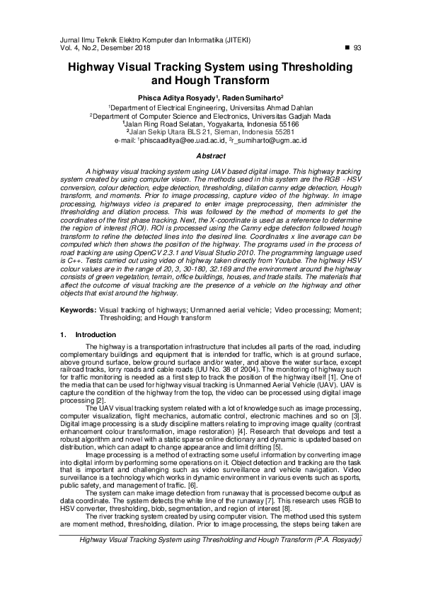 (PDF) Highway Visual Tracking System using Thresholding and Hough Transform