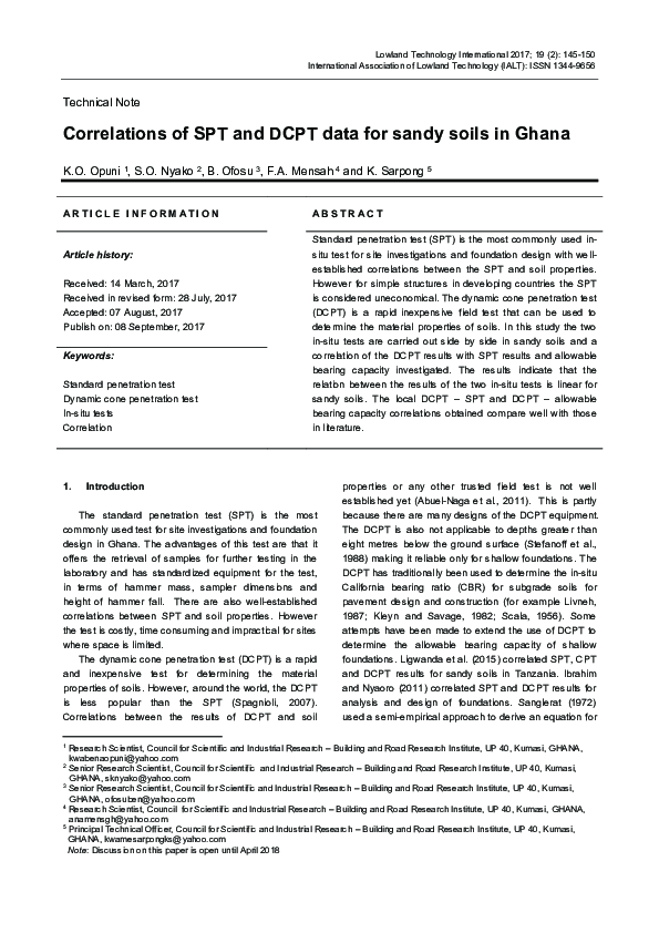 (PDF) Correlations of SPT and DCPT data for sandy soils in Ghana ...