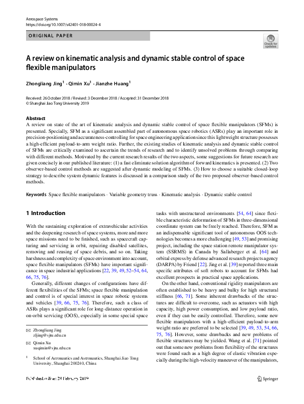 (PDF) A review on kinematic analysis and dynamic stable control of space flexible manipulators