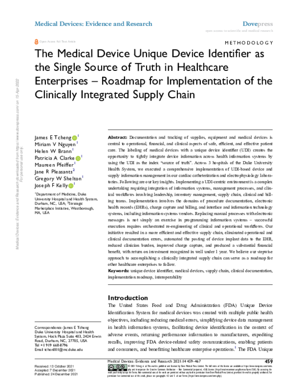 (PDF) The Medical Device Unique Device Identifier as the Single Source of Truth in Healthcare ...