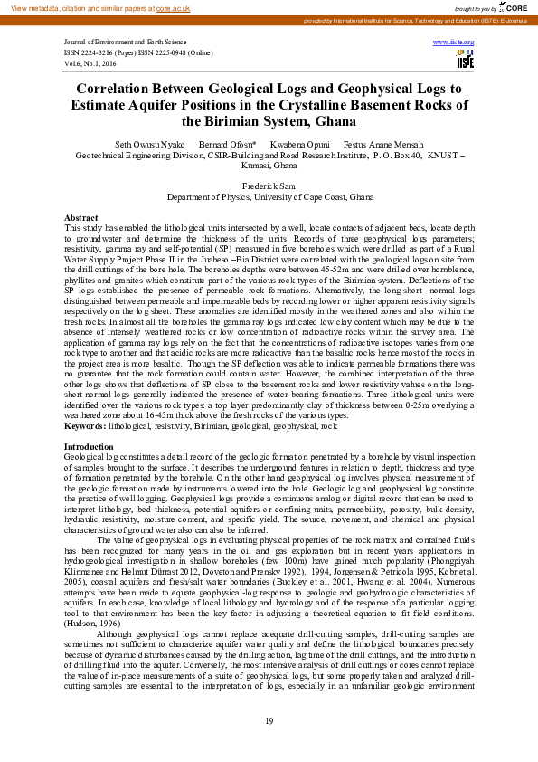 (PDF) Correlation Between Geological Logs and Geophysical Logs to Estimate Aquifer Positions in ...