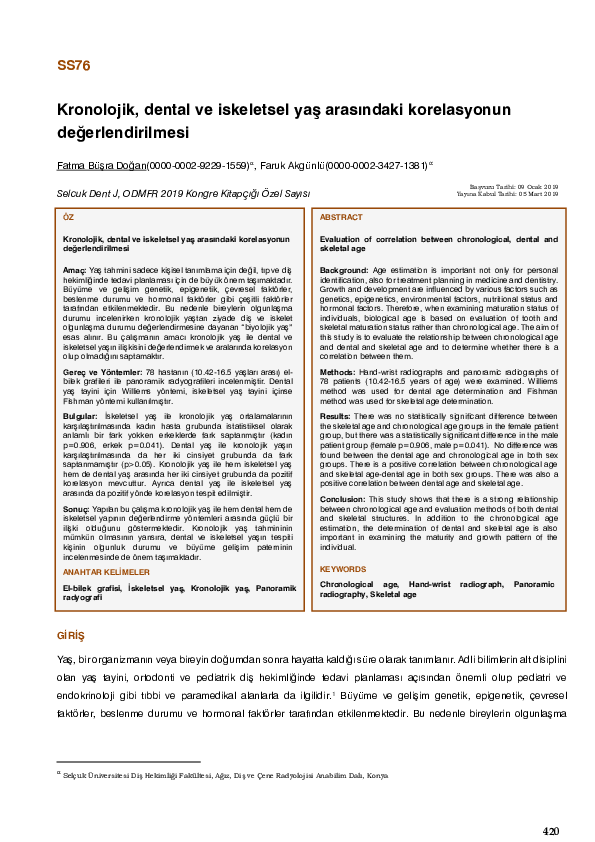 (PDF) Kronolojik, dental ve iskeletsel yaş arasındaki korelasyonun değerlendirilmesi