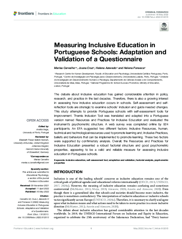Pdf Measuring Inclusive Education In Portuguese Schools Adaptation And Validation Of A