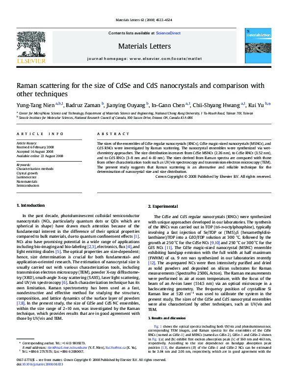 (PDF) Raman scattering for the size of CdSe and CdS nanocrystals and ...