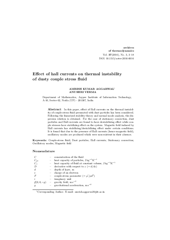 (PDF) Effect of hall currents on thermal instability of dusty couple stress fluid