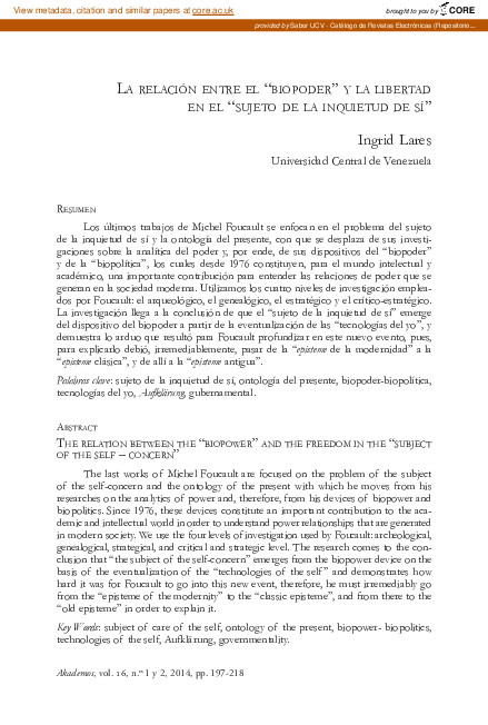 (PDF) La relación entre el “biopoder” y la libertad en el “sujeto de la ...
