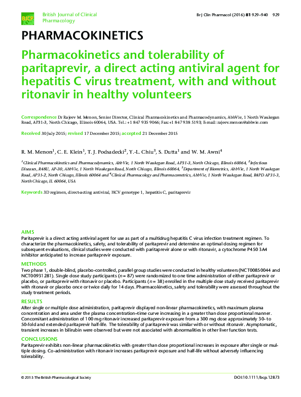 (PDF) Pharmacokinetics and tolerability of paritaprevir, a direct ...