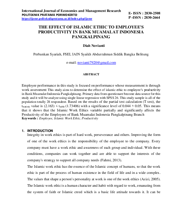 (PDF) The Effect of Islamic Ethic to Employee's Productivity in Bank Muamalat Indonesia ...