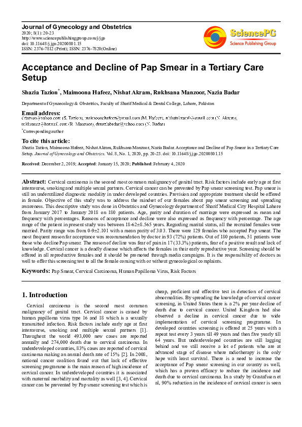 (PDF) Acceptance and Decline of Pap Smear in a Tertiary Care Setup