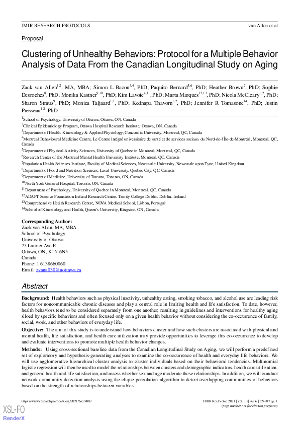 (PDF) Clustering of Unhealthy Behaviors: Protocol for a Multiple Behavior Analysis of Data From ...