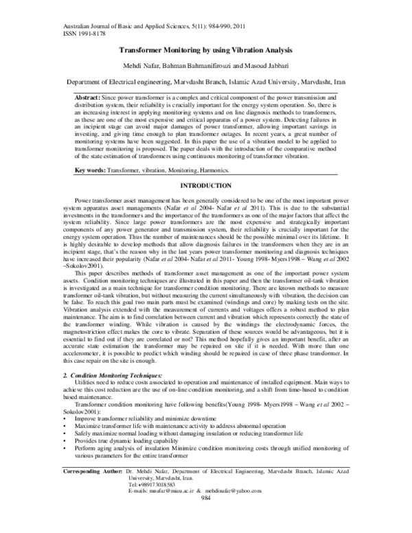 Pdf Transformer Monitoring By Using Vibration Analysis