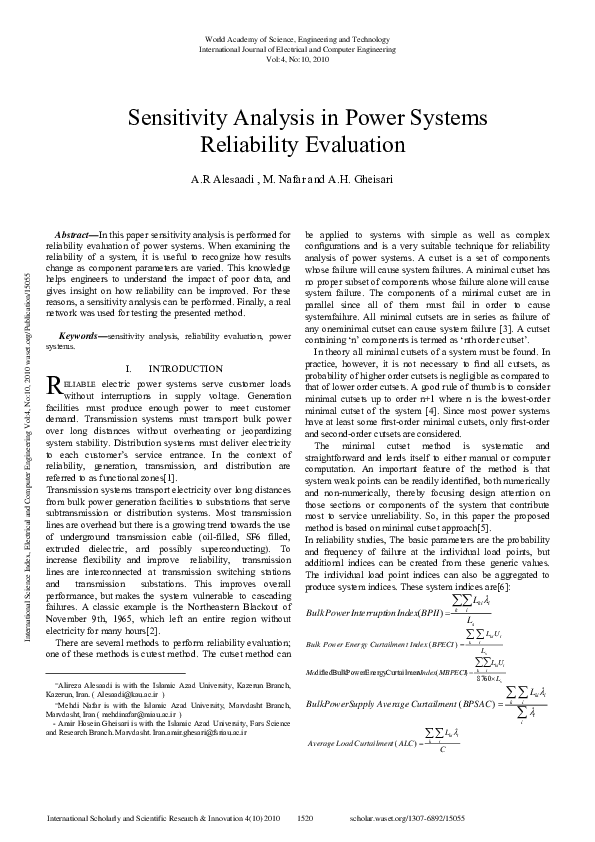 (PDF) Sensitivity Analysis In Power Systems Reliability Evaluation