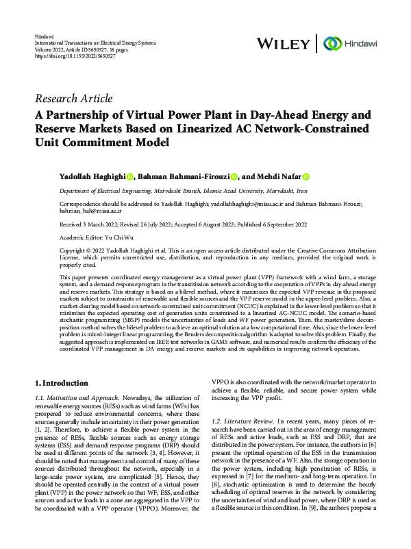 Pdf A Partnership Of Virtual Power Plant In Day Ahead Energy And