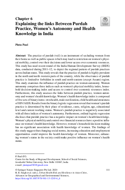 (PDF) Explaining the links Between Purdah Practice, Women’s Autonomy ...