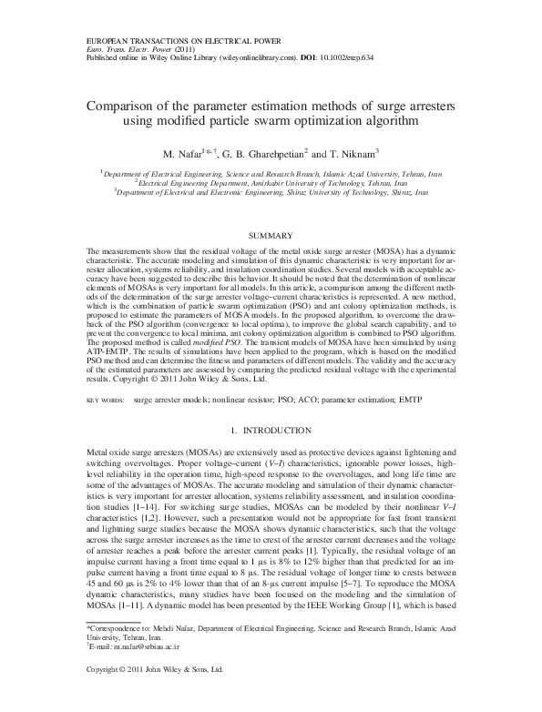 Pdf Comparison Of The Parameter Estimation Methods Of Surge Arresters Using Modified Particle