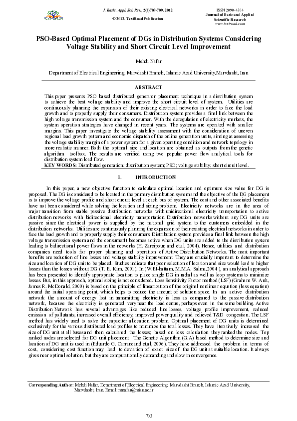 Pdf Pso Based Optimal Placement Of Dgs In Distribution Systems
