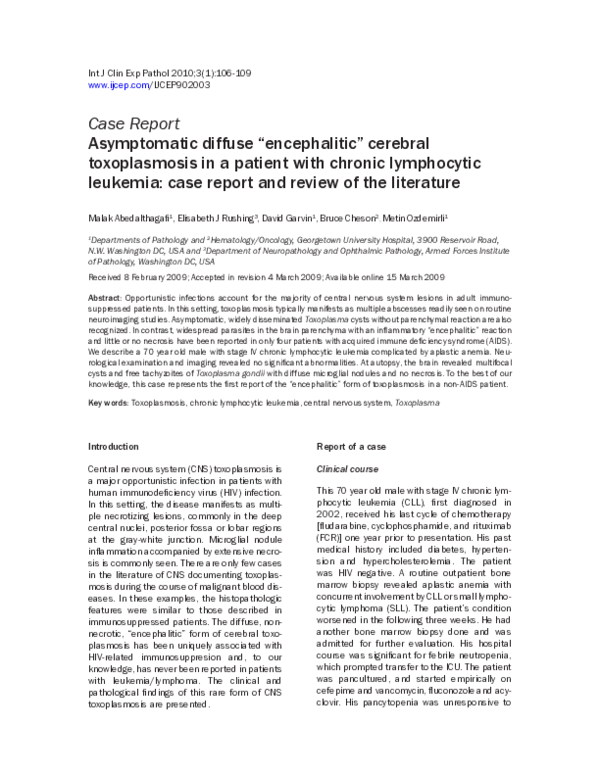 (PDF) Asymptomatic diffuse "encephalitic" cerebral toxoplasmosis in a patient with chronic ...