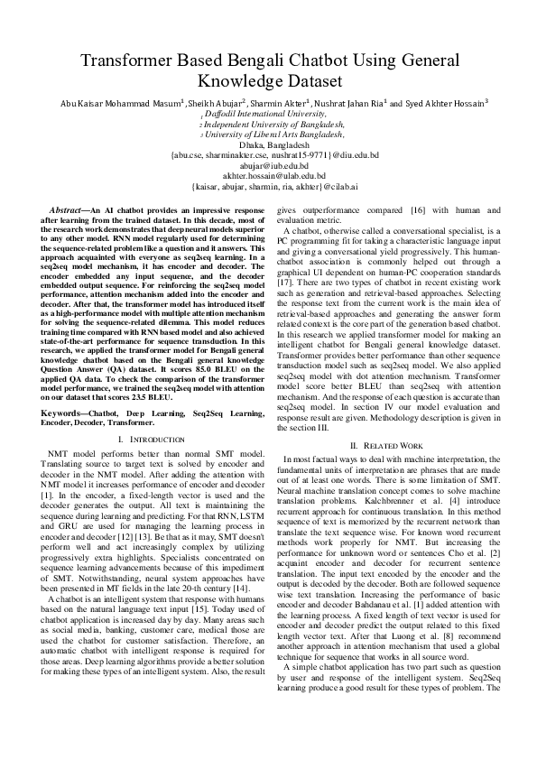 (PDF) Transformer Based Bengali Chatbot Using General Knowledge Dataset