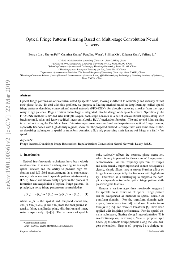 (PDF) Optical fringe patterns filtering based on multi-stage convolution neural network
