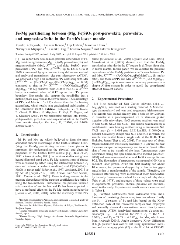 (PDF) Fe-Mg partitioning between (Mg, Fe)SiO3post-perovskite, perovskite, and magnesiowüstite in ...