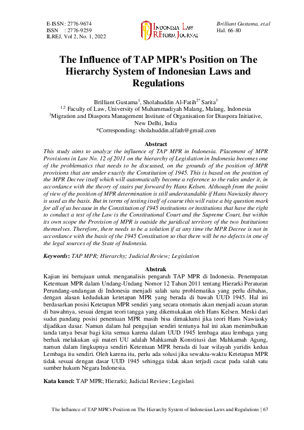 (PDF) The Influence of TAP MPR's Position on The Hierarchy System of Indonesian Laws and Regulations