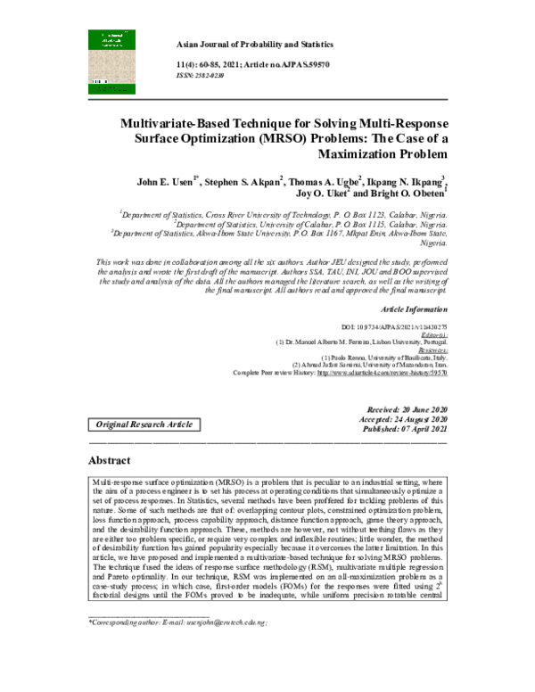 (PDF) Multivariate-Based Technique for Solving Multi-Response Surface Optimization (MRSO ...