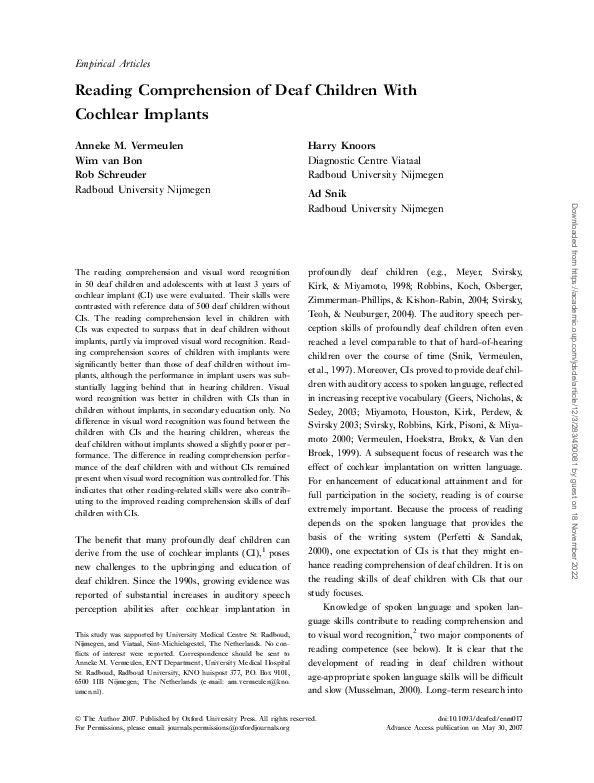 (PDF) Reading Comprehension of Deaf Children With Cochlear Implants
