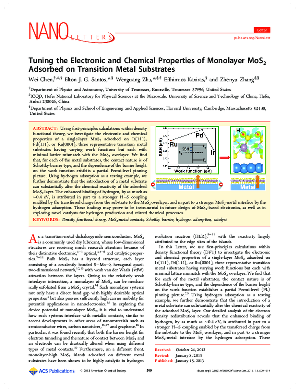 (PDF) Tuning the Electronic and Chemical Properties of Monolayer MoS2 Adsorbed on Transition ...