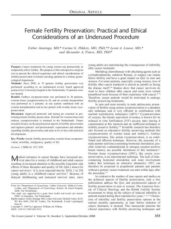 (PDF) Female Fertility Preservation: Practical and Ethical ...