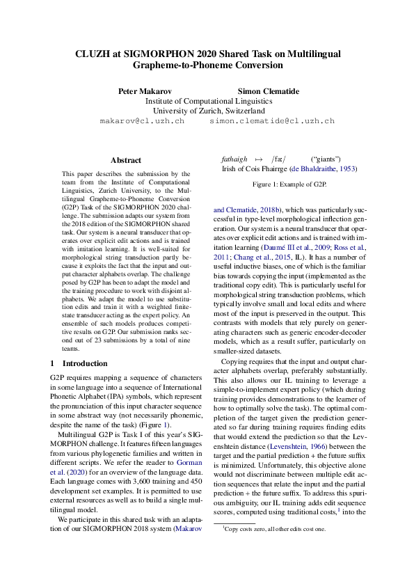 (PDF) CLUZH at SIGMORPHON 2020 Shared Task on Multilingual Grapheme-to-Phoneme Conversion