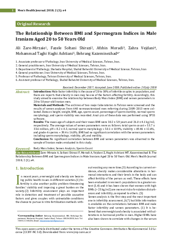 (PDF) The Relationship Between BMI and Spermogram Indices in Male ...