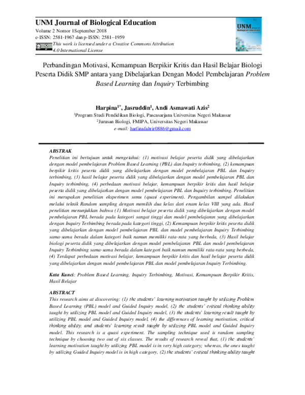(PDF) Perbandingan Motivasi, Kemampuan Berpikir Kritis Dan Hasil Belajar Biologi Peserta Didik ...