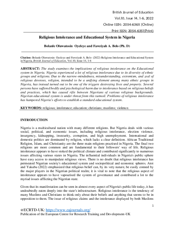(PDF) Religious Intolerance and Educational System in Nigeria