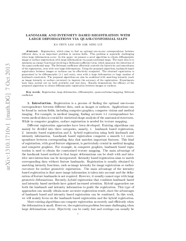 (PDF) Landmark- and Intensity-Based Registration with Large Deformations via Quasi-conformal ...