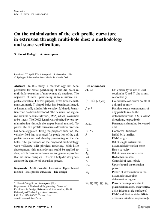 (PDF) On the minimization of the exit profile curvature in extrusion ...