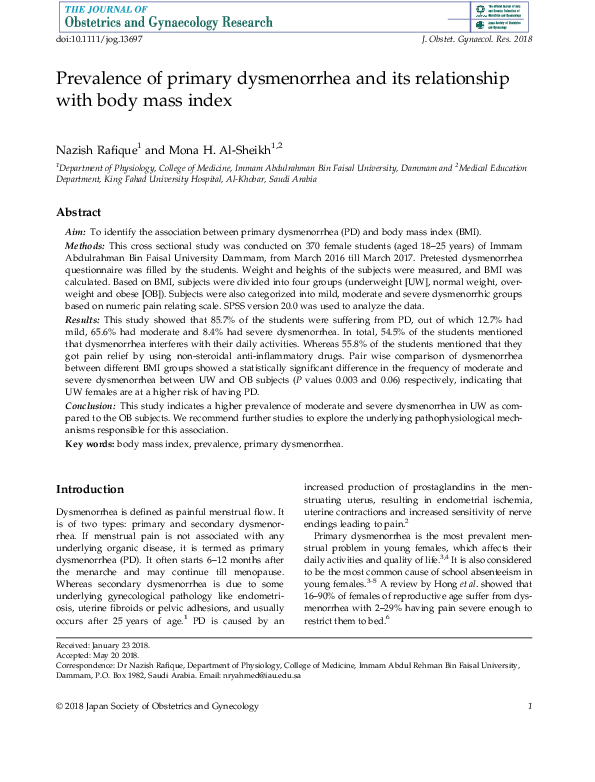 (PDF) Prevalence of primary dysmenorrhea and its relationship with body ...