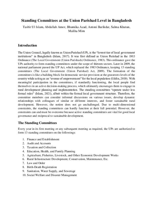(PDF) Standing Committees at the Union Parishad Level in Bangladesh