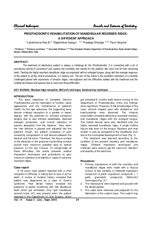(PDF) Prosthodontic Rehabilitation Of Mandibular Resorbed Ridge: A ...