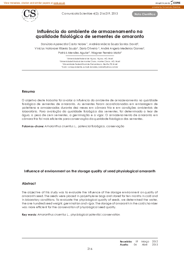 (PDF) Influência do ambiente de armazenamento na qualidade fisiológica ...