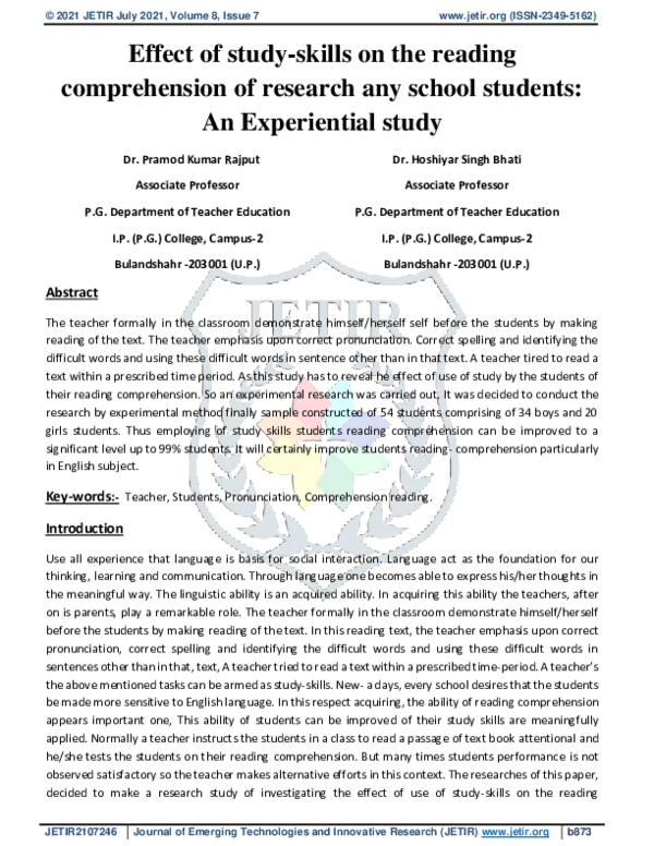 (PDF) Effect of study-skills on the reading comprehension of research ...