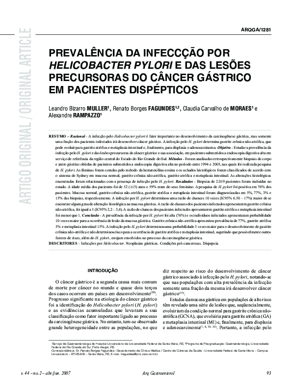 (PDF) Prevalência da infeccção por helicobacter pylori e das lesões ...