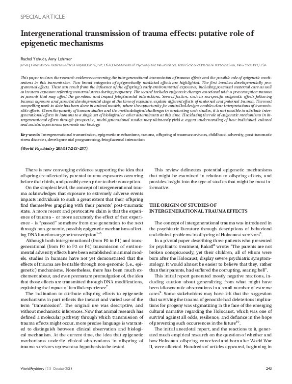 (PDF) Intergenerational transmission of trauma effects: putative role ...