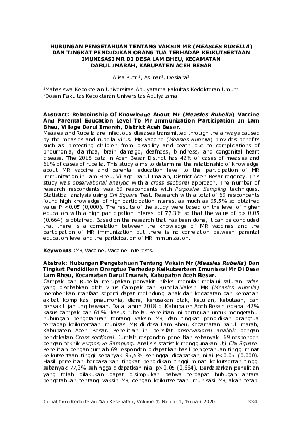 (PDF) Hubungan Pengetahuan Tentang Vaksin MR (Measles Rubella) Dan ...