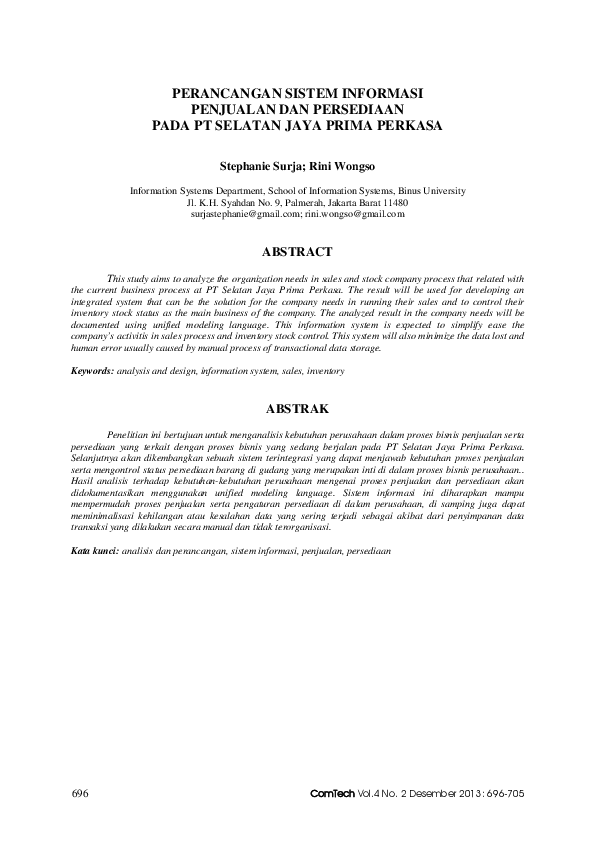 (PDF) Perancangan Sistem Informasi Penjualan dan Persediaan pada PT Selatan Jaya Prima Perkasa
