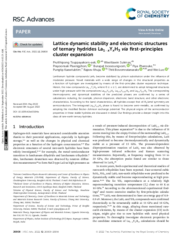 (PDF) Lattice dynamic stability and electronic structures of ternary hydrides La1−xYxH3via first ...