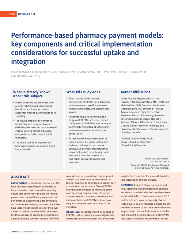 (PDF) Performance-based pharmacy payment models: key components and critical implementation ...