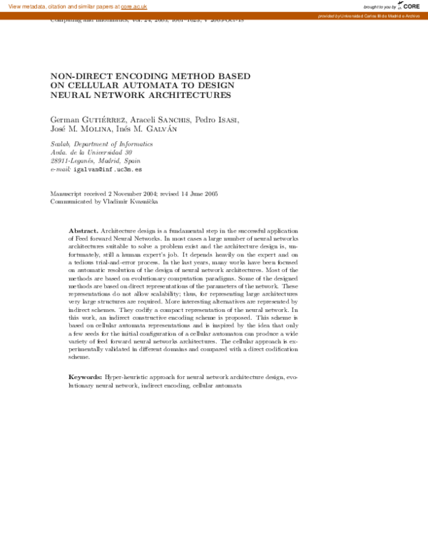 Pdf Non Direct Encoding Method Based On Cellular Automata To Design Neural Network